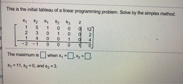 Solved This Is The Initial Tableau Of A Linear Programming