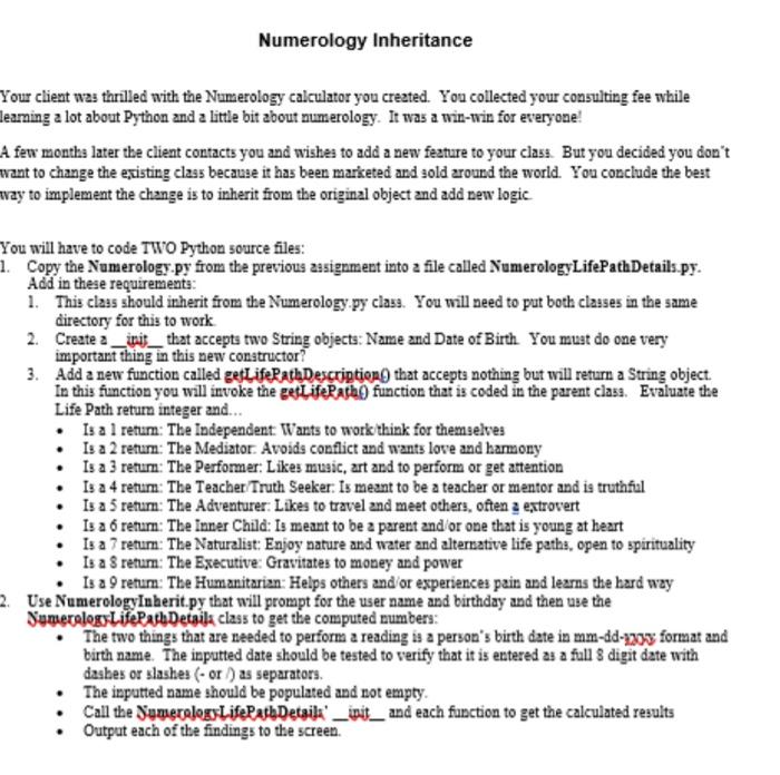 Solved Numerology Inheritance Cour client was thrilled with | Chegg.com