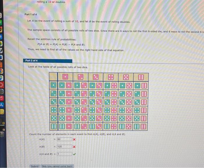 Solved Part 1 of 4 Let A be the event of rolling a sum of 10 | Chegg.com