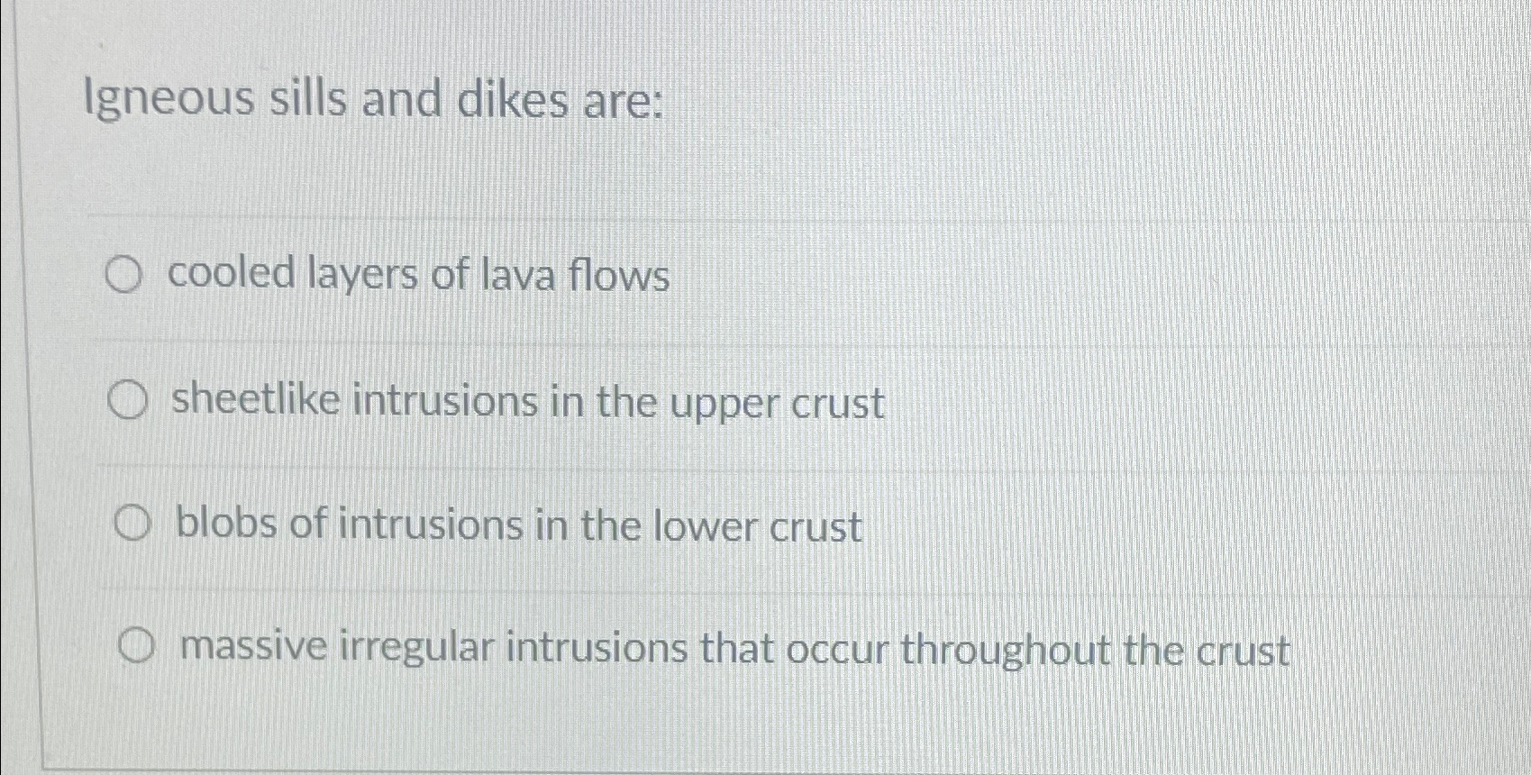 Solved Igneous sills and dikes are:cooled layers of lava | Chegg.com