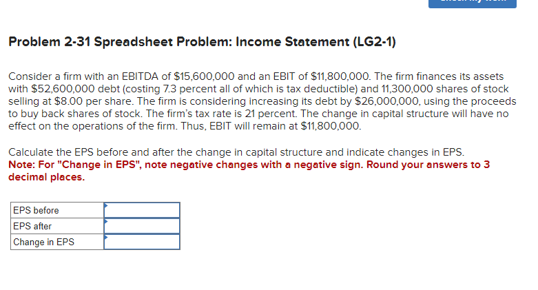 Solved Problem 2-31 ﻿Spreadsheet Problem: Income Statement | Chegg.com