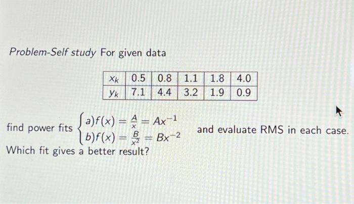 Solved Problem-Self study For given data find power fits { | Chegg.com