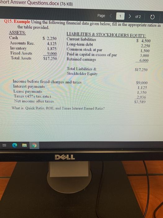 Solved hort Answer Questions.docx (76 KB) Page > of 2 0 Q15. | Chegg.com