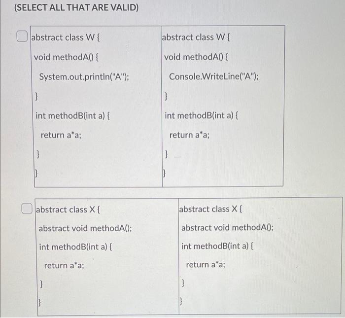 Solved Which of the following are valid abstract classes? | Chegg.com