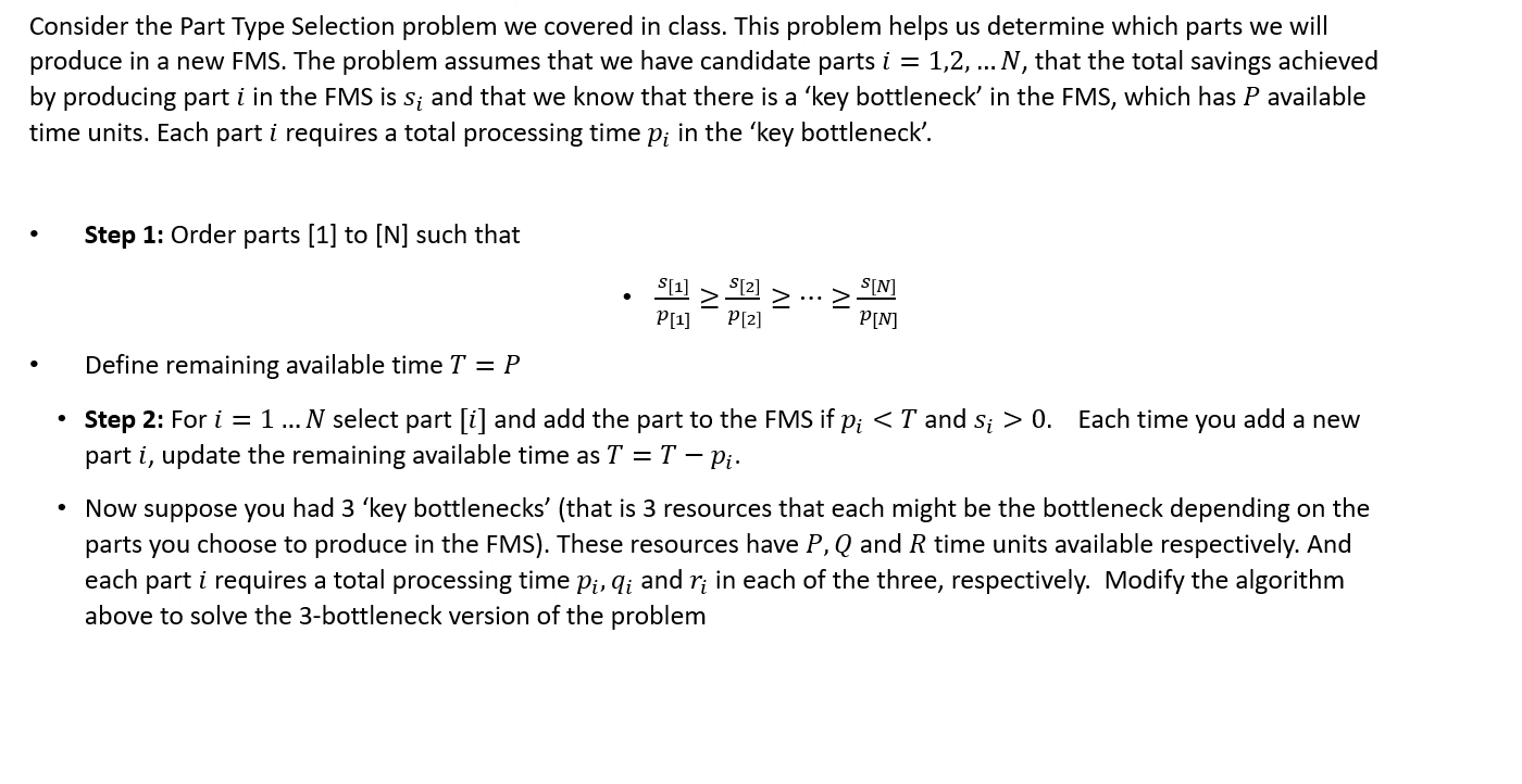 Solved Consider the Part Type Selection problem we covered | Chegg.com