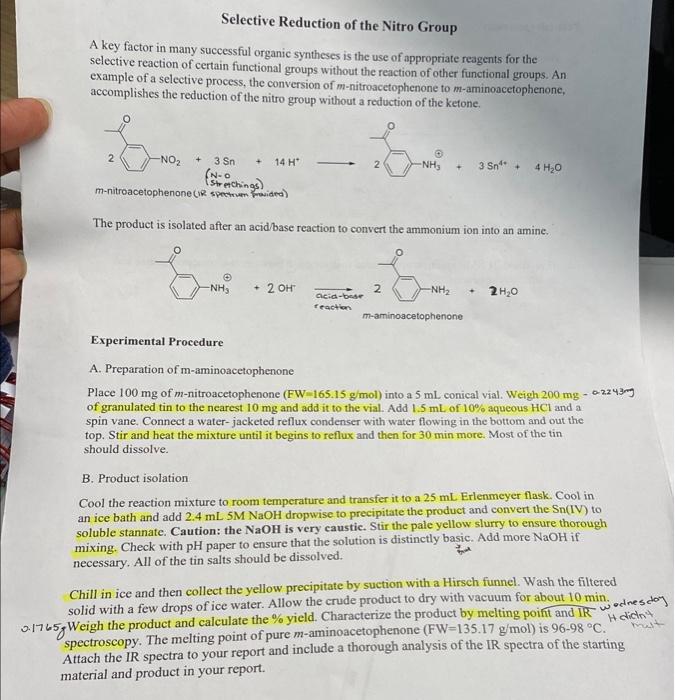 Selective Reduction of the Nitro Group A key factor | Chegg.com