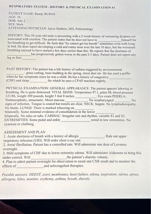 Solved RESPIRATORY SYSTEM - HISTORY & PHYSICAL EXAMINATION | Chegg.com