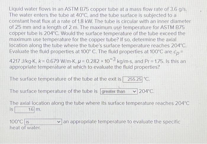 Solved Liquid water flows in an ASTM B75 copper tube at a | Chegg.com