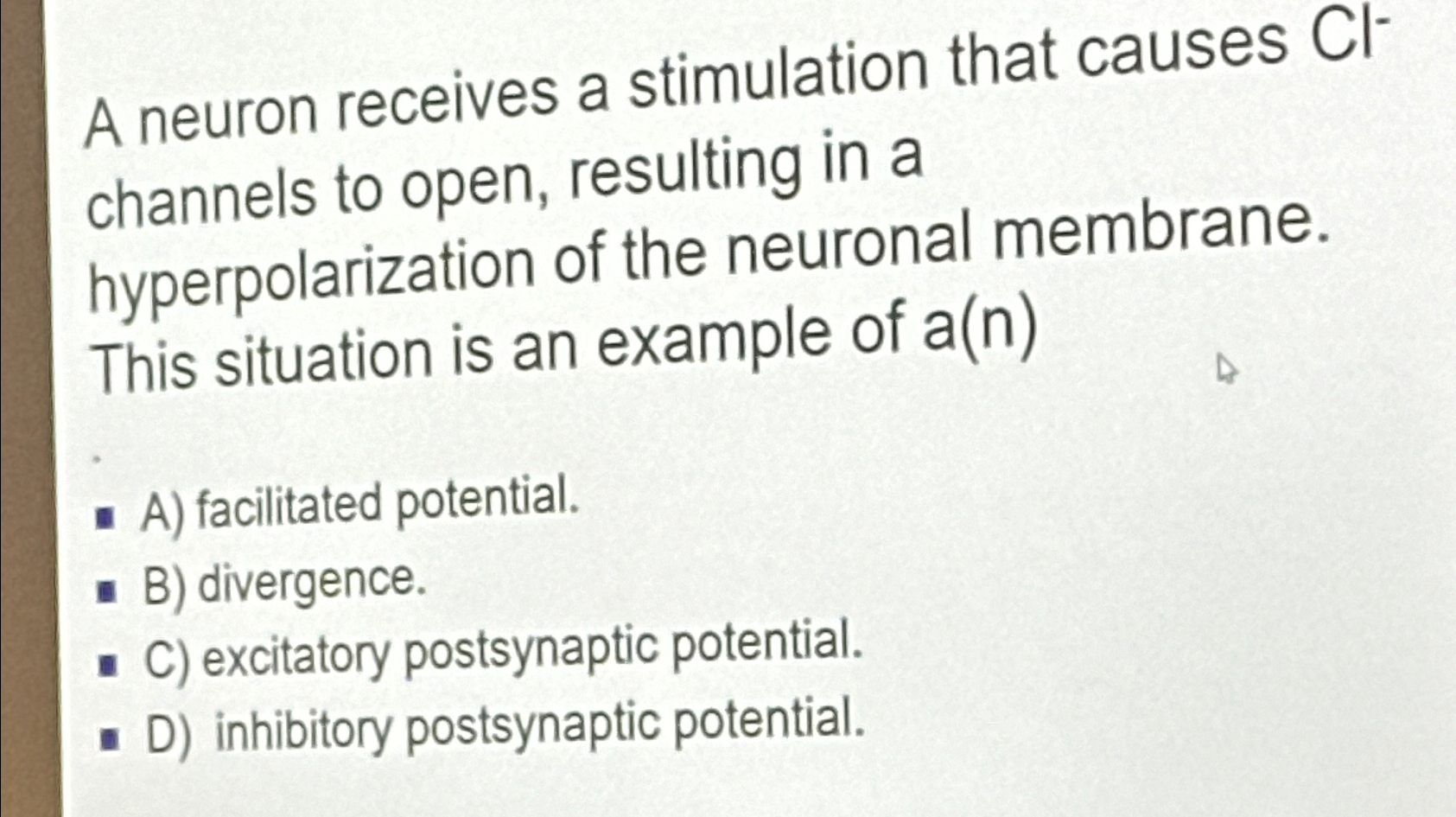 Solved A neuron receives a stimulation that causes Cl- | Chegg.com