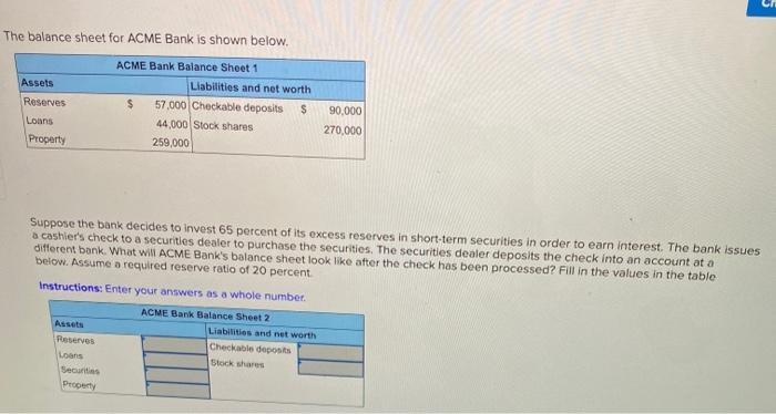 Solved The balance sheet for ACME Bank is shown below. | Chegg.com