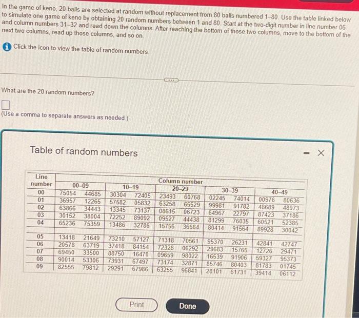 Solved In the game of keno, 20 balls are selected at random | Chegg.com