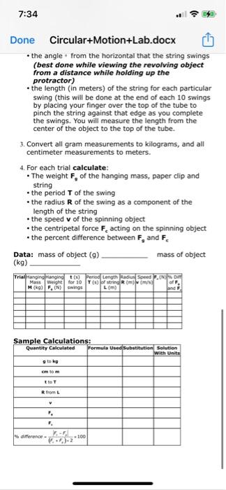 Physics 20 Circular Motion Lab Purpose: To prove that | Chegg.com