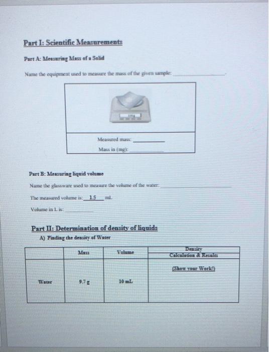Solved Part I: Scientific Measurements Part A: Measuring | Chegg.com