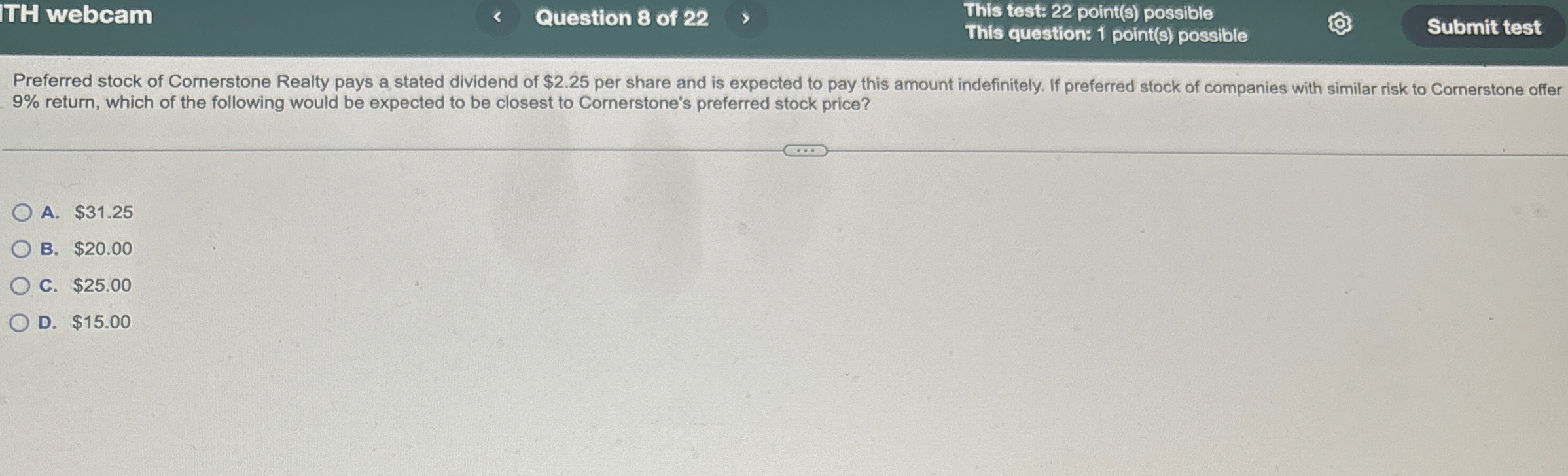 Solved TH webcamQuestion 8 ﻿of 22This test: 22 ﻿point(s) | Chegg.com