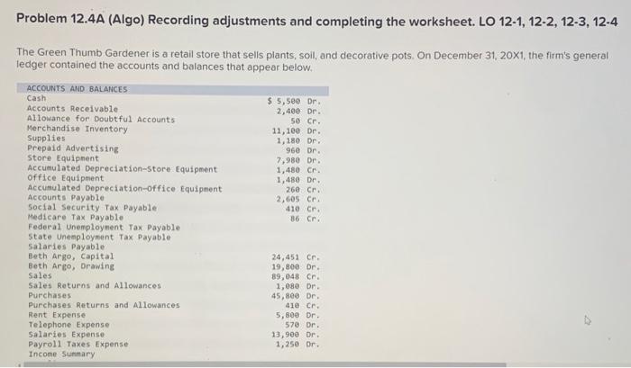 Problem 12.4A (Algo) Recording adjustments and | Chegg.com