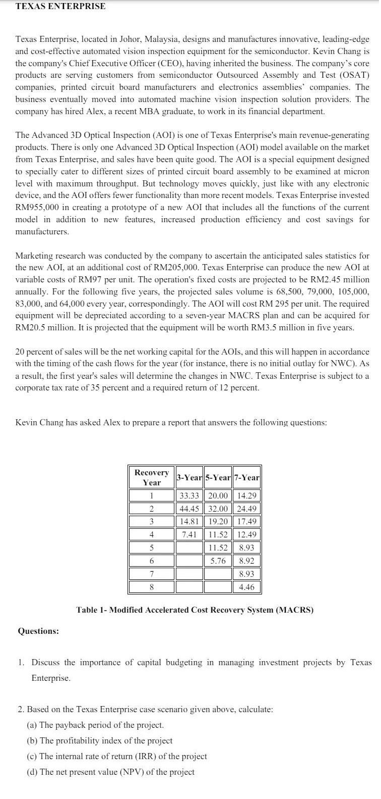 Solved TEXAS ENTERPRISETexas Enterprise, located in Johor, | Chegg.com