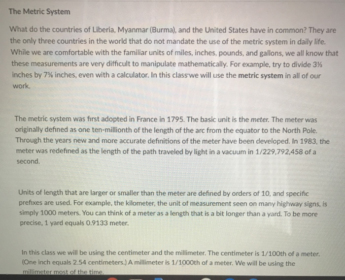 The Metric System What do the countries of Liberia, | Chegg.com