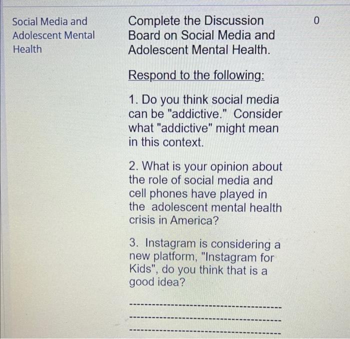 Solved Social Media and Complete the Discussion Adolescent | Chegg.com