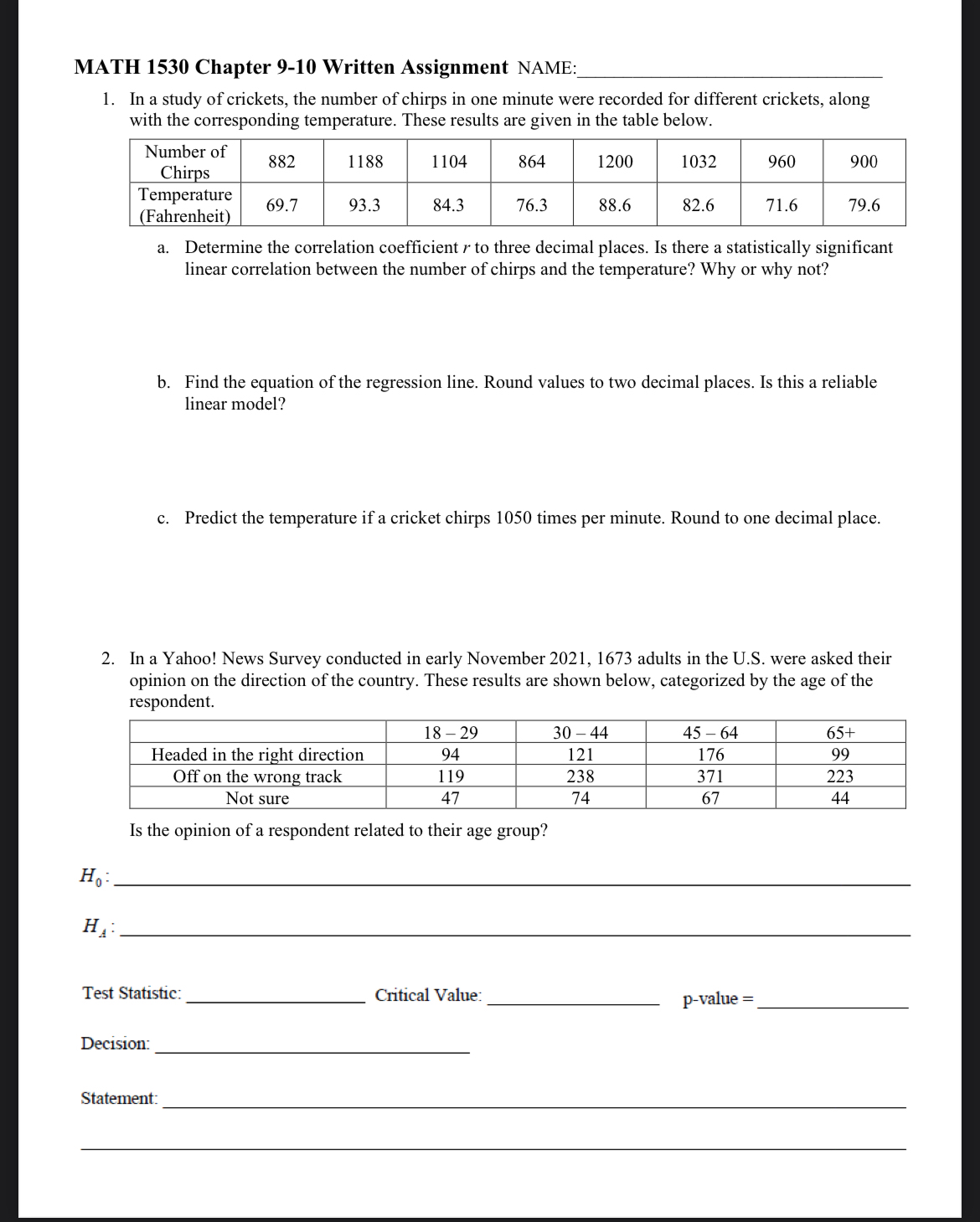Solved MATH 1530 ﻿Chapter 9-10 ﻿Written Assignment NAME:_In | Chegg.com
