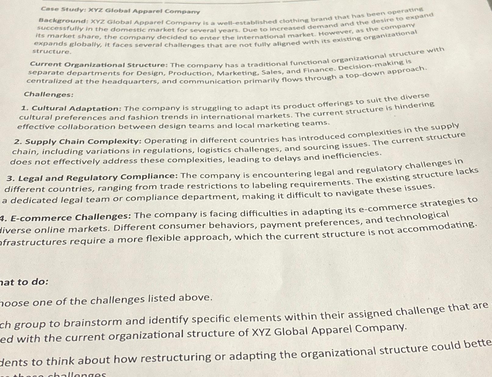 Solved Case Study: xyz Global Apparel CompanyEackground: XYZ | Chegg.com