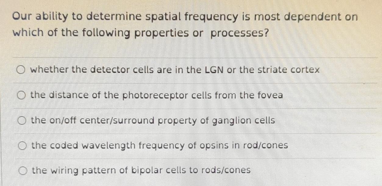 Solved Our ability to determine spatial frequency is most | Chegg.com