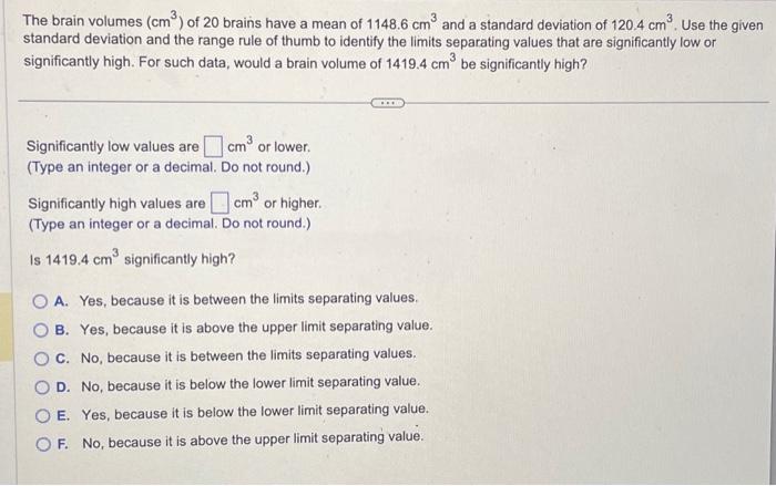 Solved The brain volumes (cm3) of 20 brains have a mean of | Chegg.com