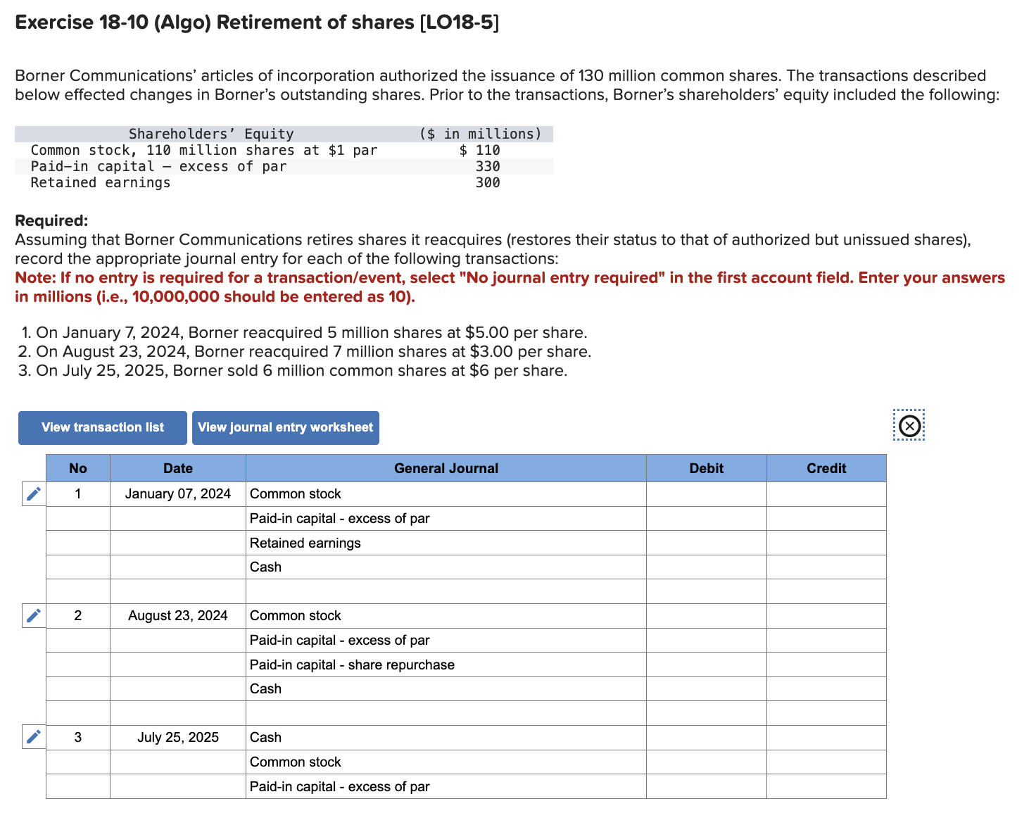 Exercise 18-10 (Algo) ﻿Retirement of shares | Chegg.com