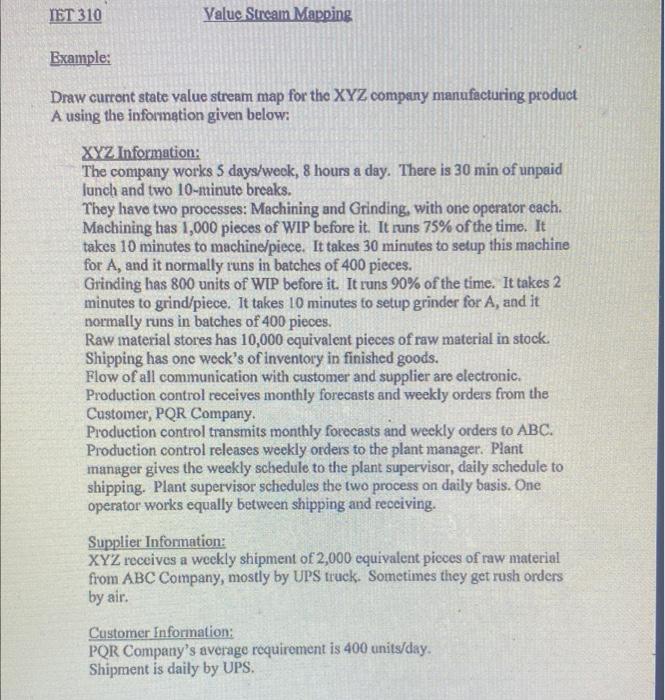 Solved Draw current state value stream map for the XYZ | Chegg.com