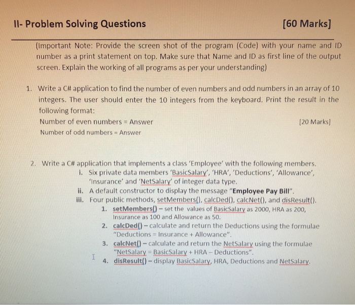 Solved II- Problem Solving Questions [60 Marks] (Important | Chegg.com