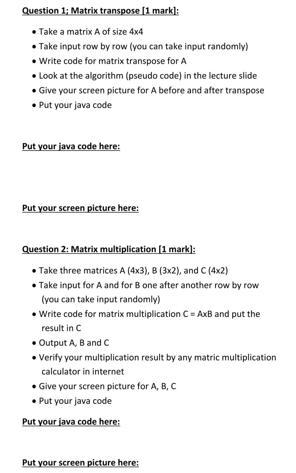 Solved Question 1; Matrix transpose [1 mark]: • Take a | Chegg.com