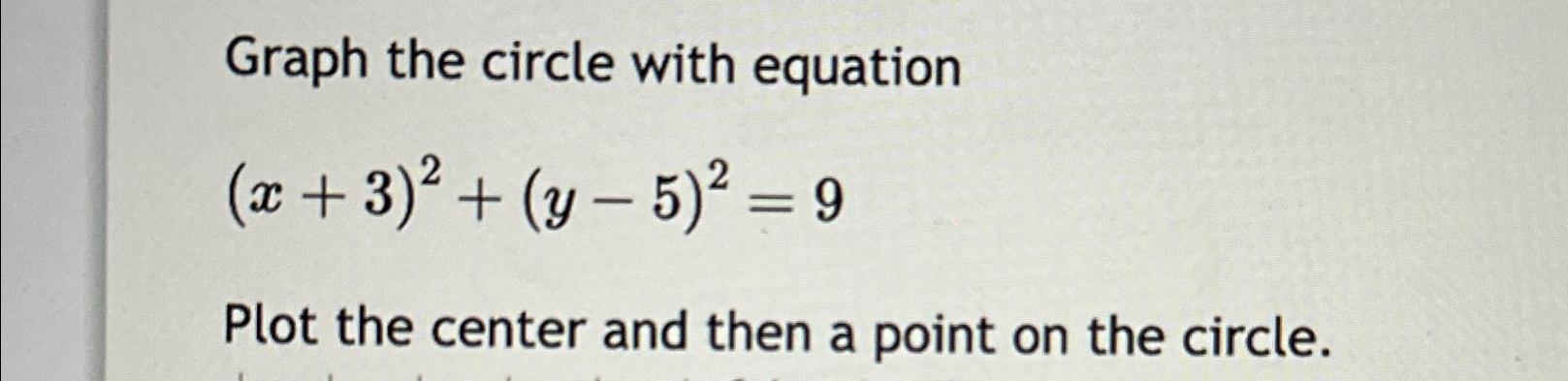 Solved Graph the circle with equation(x+3)2+(y-5)2=9Plot the | Chegg.com