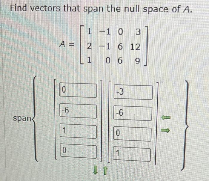 Solved Find vectors that span the null space of A. | Chegg.com