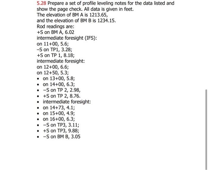 Solved 5.28 Prepare a set of profile leveling notes for the | Chegg.com