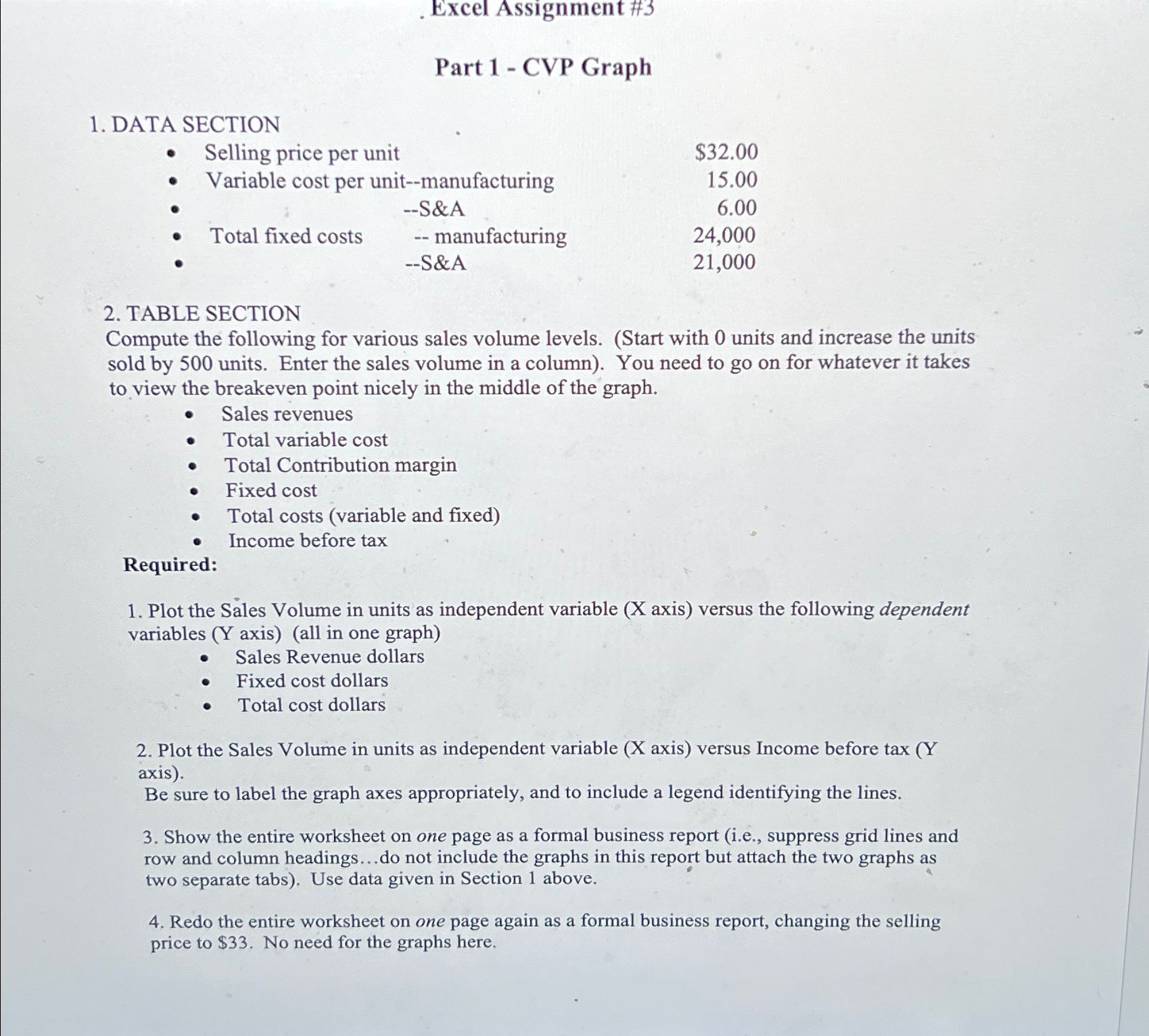 Solved Excel Assignment #3Part 1 - ﻿CVP GraphDATA | Chegg.com