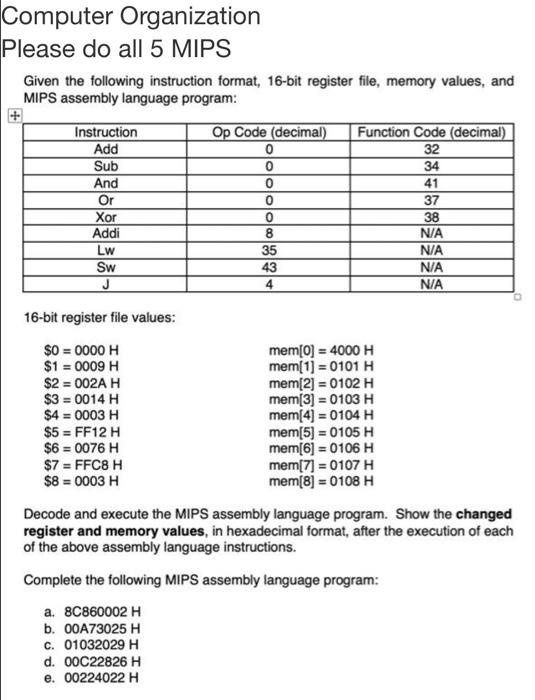 Solved Computer Organization Please do all 5 MIPS Given the | Chegg.com