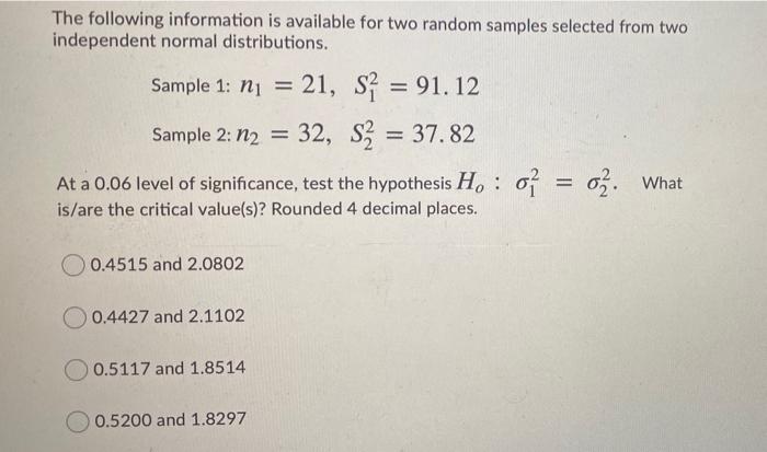 Solved The following information is available for two random | Chegg.com
