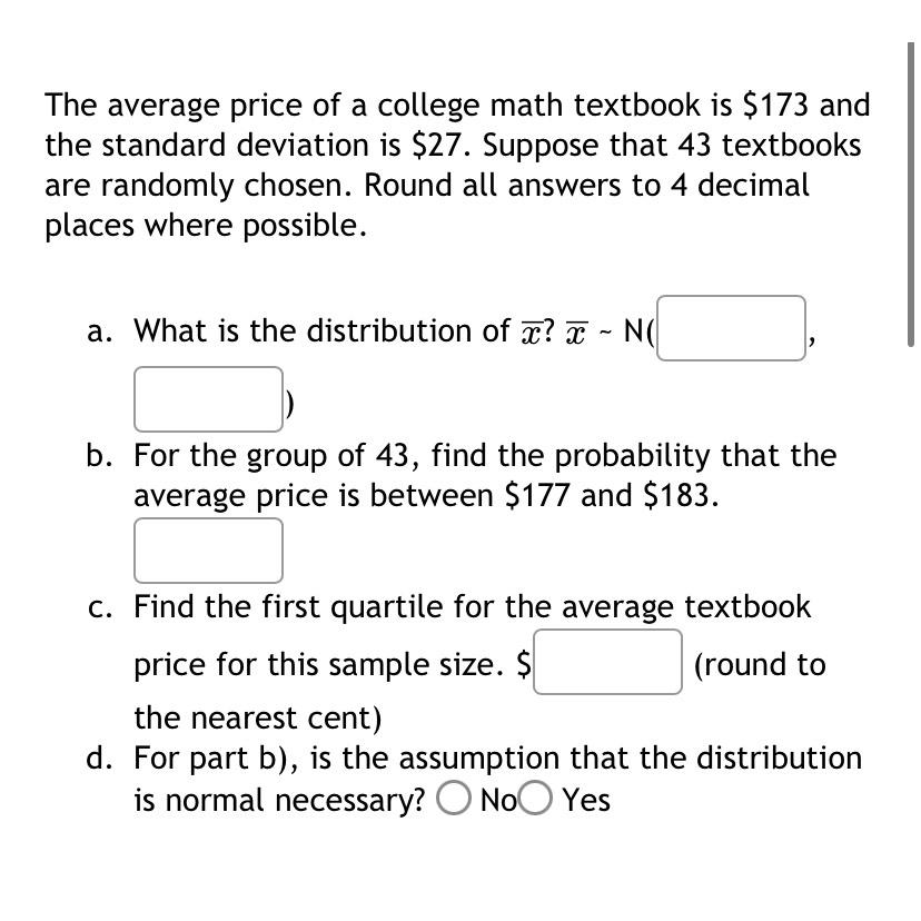 Solved The average price of a college math textbook is $173 | Chegg.com