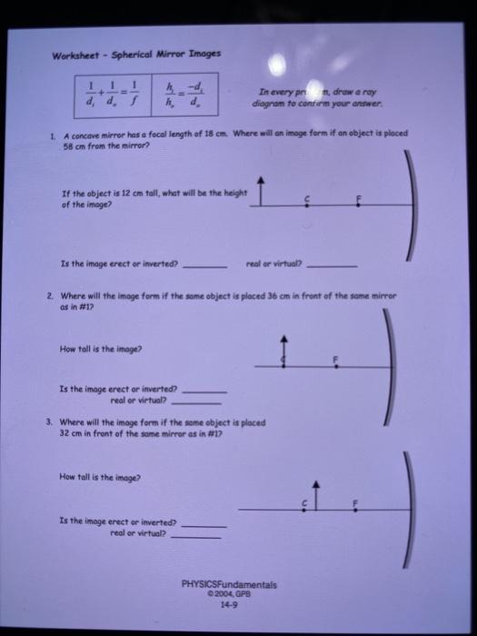 Solved Worksheet - Spherical Mirror Images 1 1 d, d. s h, In | Chegg.com