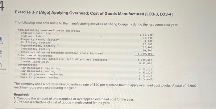 Solved Exercise 3-7 (Algo) Applying Overhead; Cost of Goods | Chegg.com