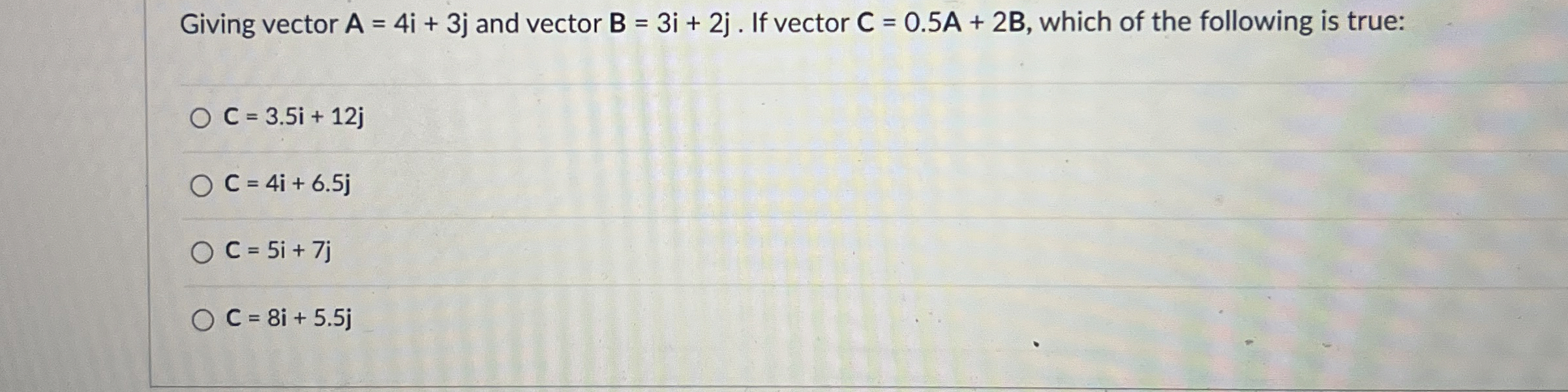 Solved Giving vector A=4i+3j ﻿and vector B=3i+2j. ﻿If vector | Chegg.com