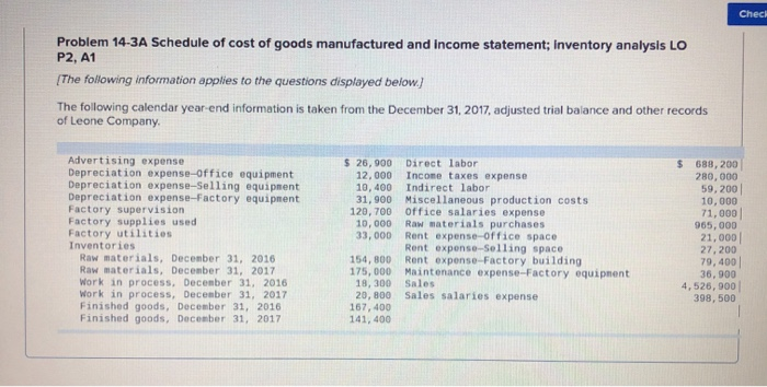 Solved Check Problem 14-3A Schedule of cost of goods | Chegg.com