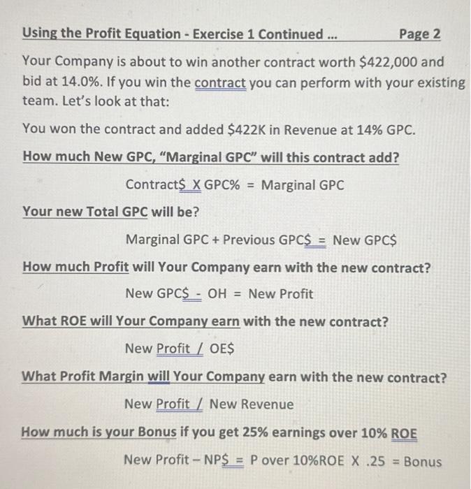 Solved Using the Profit Equation - Exercise 1 Continued ... | Chegg.com