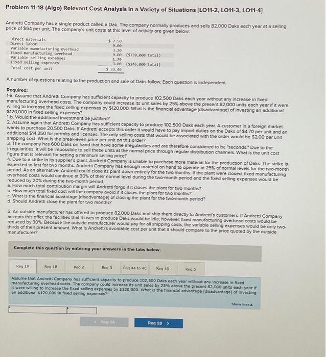 Solved Problem 11-18 (Algo) Relevant Cost Analysis in a | Chegg.com