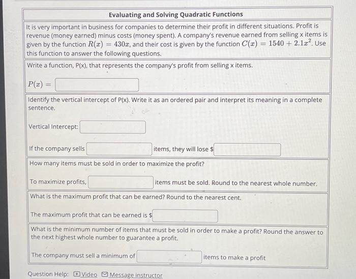Solved Evaluating and Solving Quadratic Functions It is very | Chegg.com