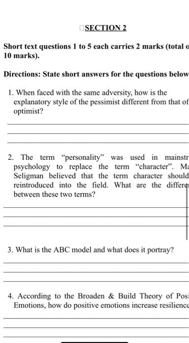 Solved SECTION 2 Short text questions 1 to 5 each carries 2 | Chegg.com