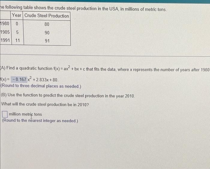 Solved The following table shows the crude steel production | Chegg.com