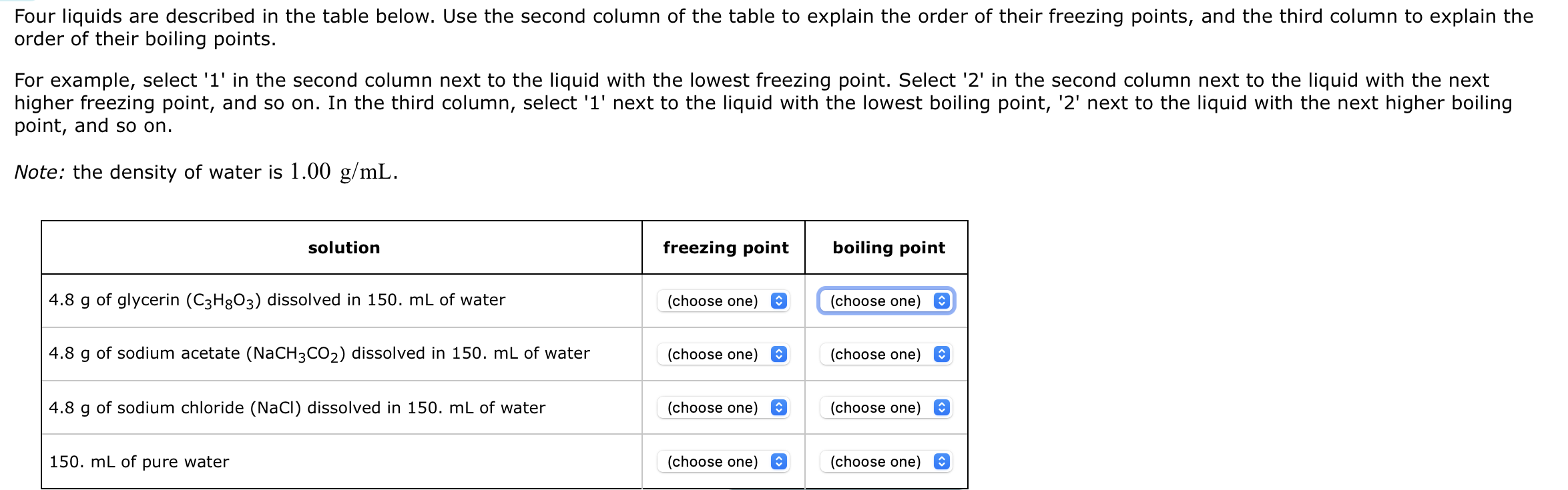 Solved Four liquids are described in the table below. Use | Chegg.com