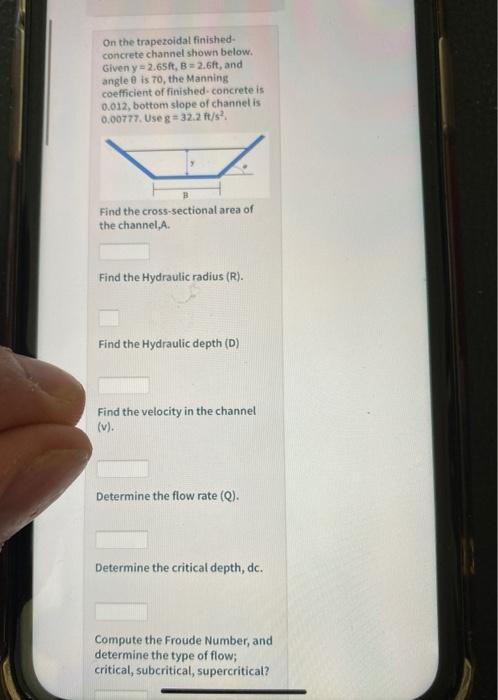 Solved On the trapezoidal finished concrete channel shown | Chegg.com