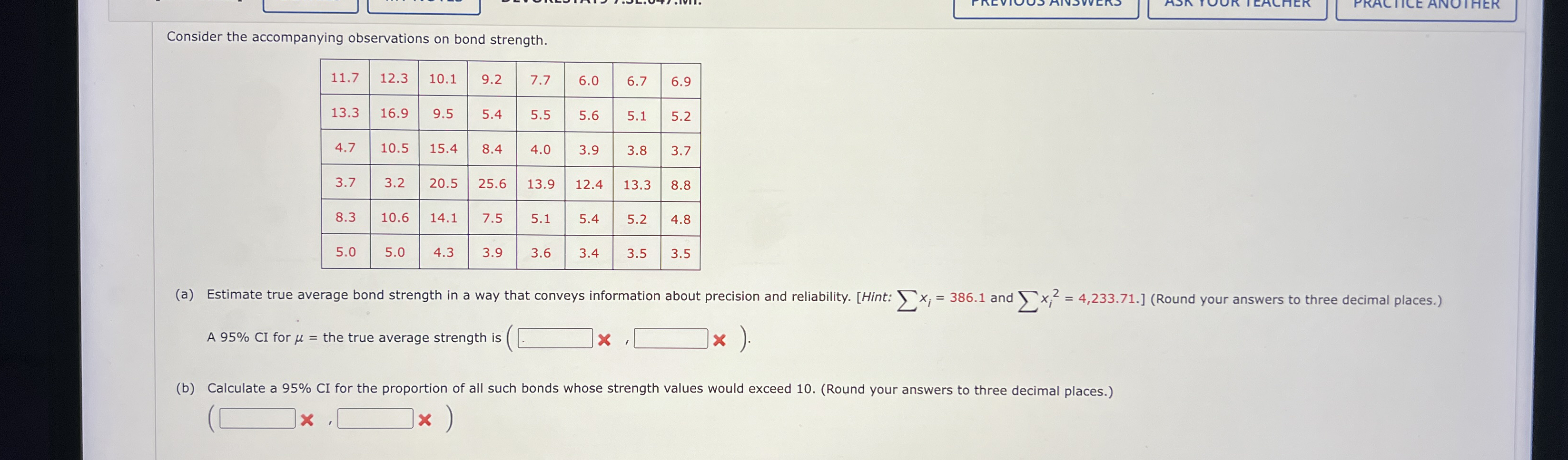 Solved Consider the accompanying observations on bond | Chegg.com