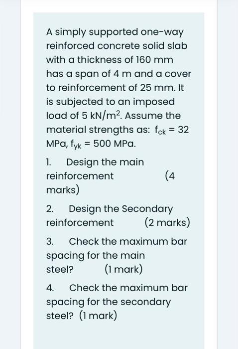 Solved A simply supported one-way reinforced concrete solid | Chegg.com